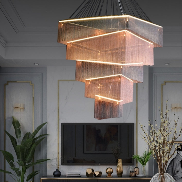 Extra Large Art Multi-tier Aluminum Chain Tassel Chandelier for High-C