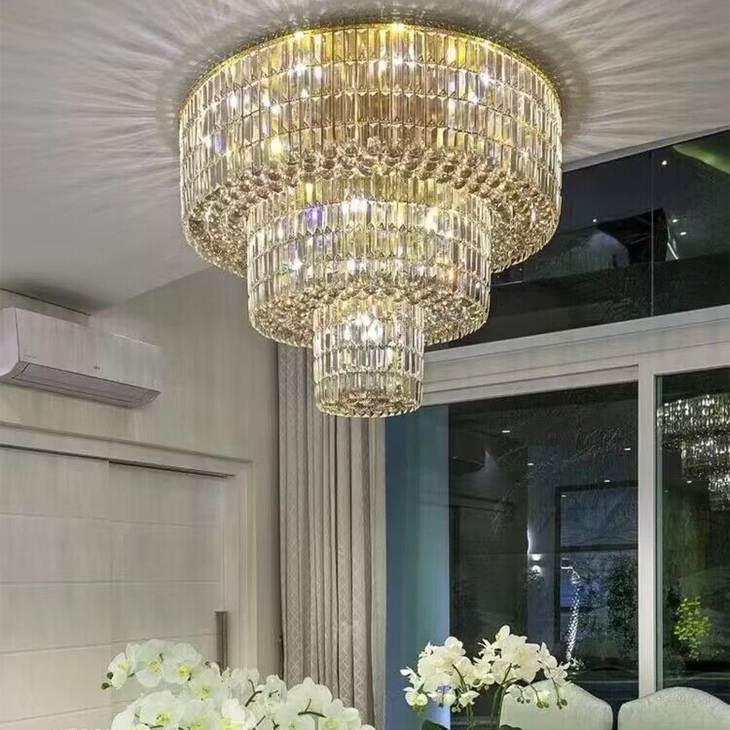 Extra Large Gold Flush Mount Crystal Light Round 3-layers Decorative L